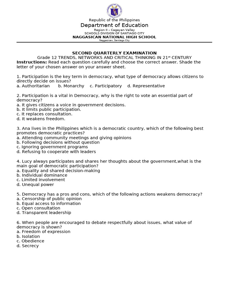 2nd Quarter Exam Trends | PDF | Democracy | Political Ideologies