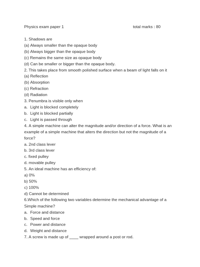 Physics Exam Paper 1total Marks | PDF | Lever | Eclipse
