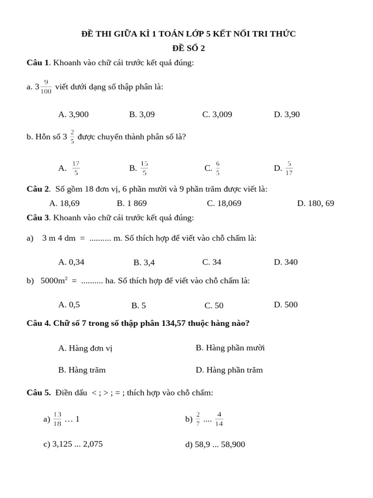 De Thi Giua Ki 1 Mon Toan Lop 5 Ket Noi Tri Thuc de So 2 | PDF