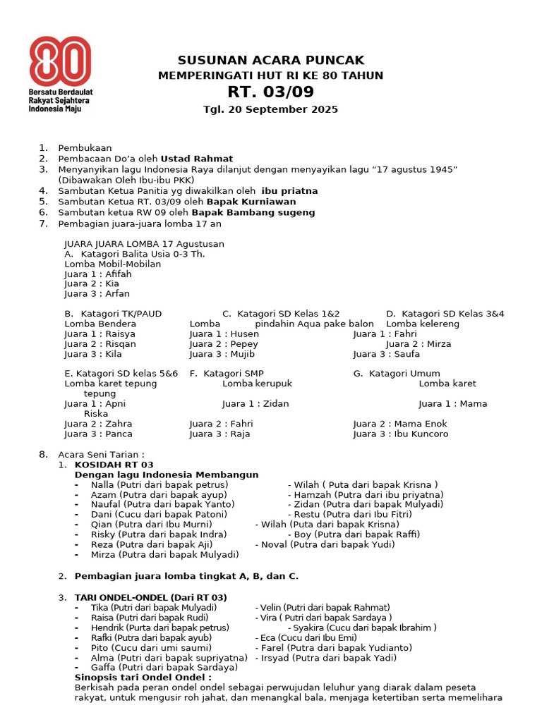 Acara HUT RI Ke-80 di RT 03/09 | PDF