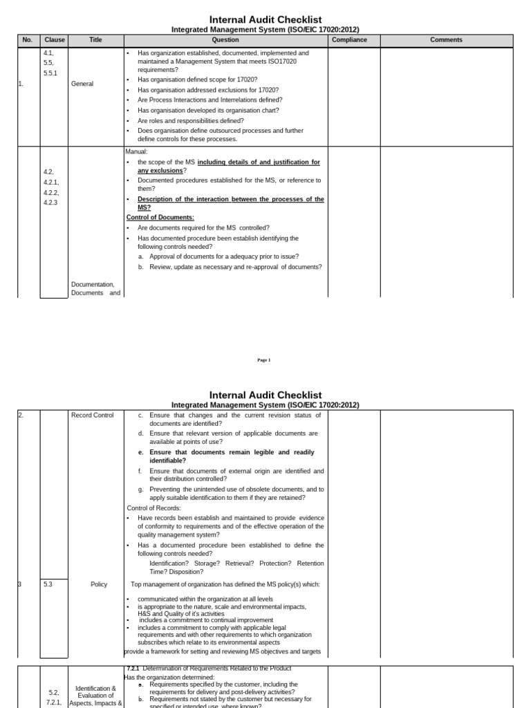 ISO 17020 Internal Audit Checklist | PDF | Audit | Verification And ...