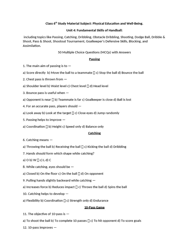 6th Grade Handball Skills Study Guide | PDF | Sports | Games Of ...