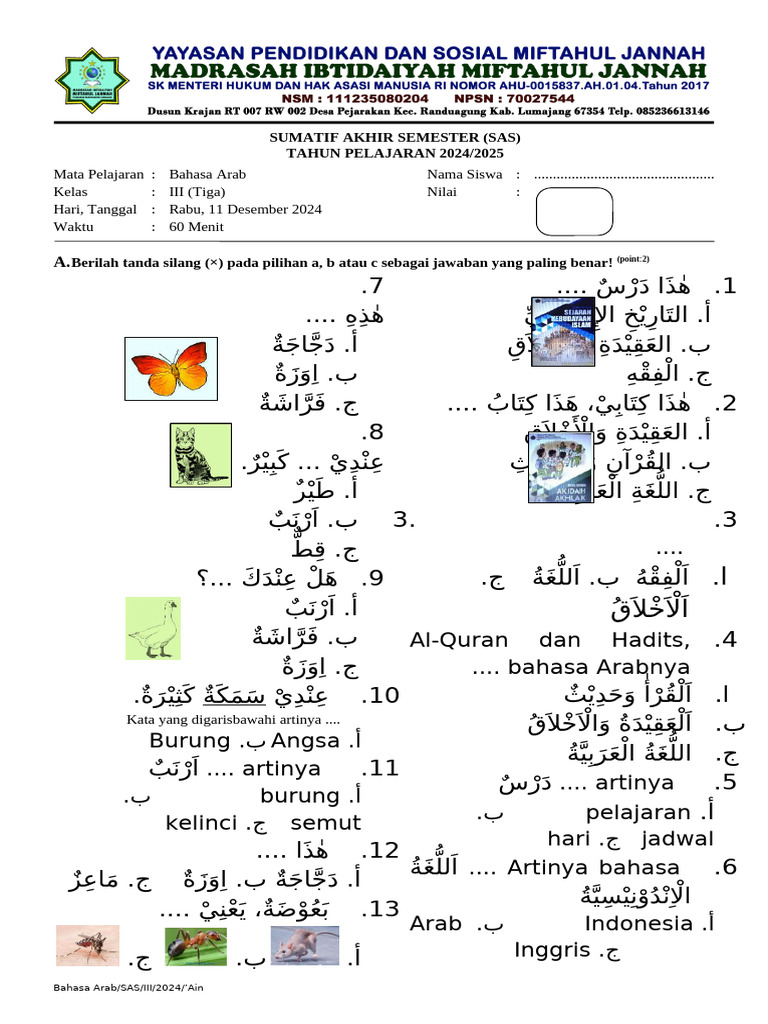 Bahasa Arab SAS III 2024-2025 'Ain | PDF