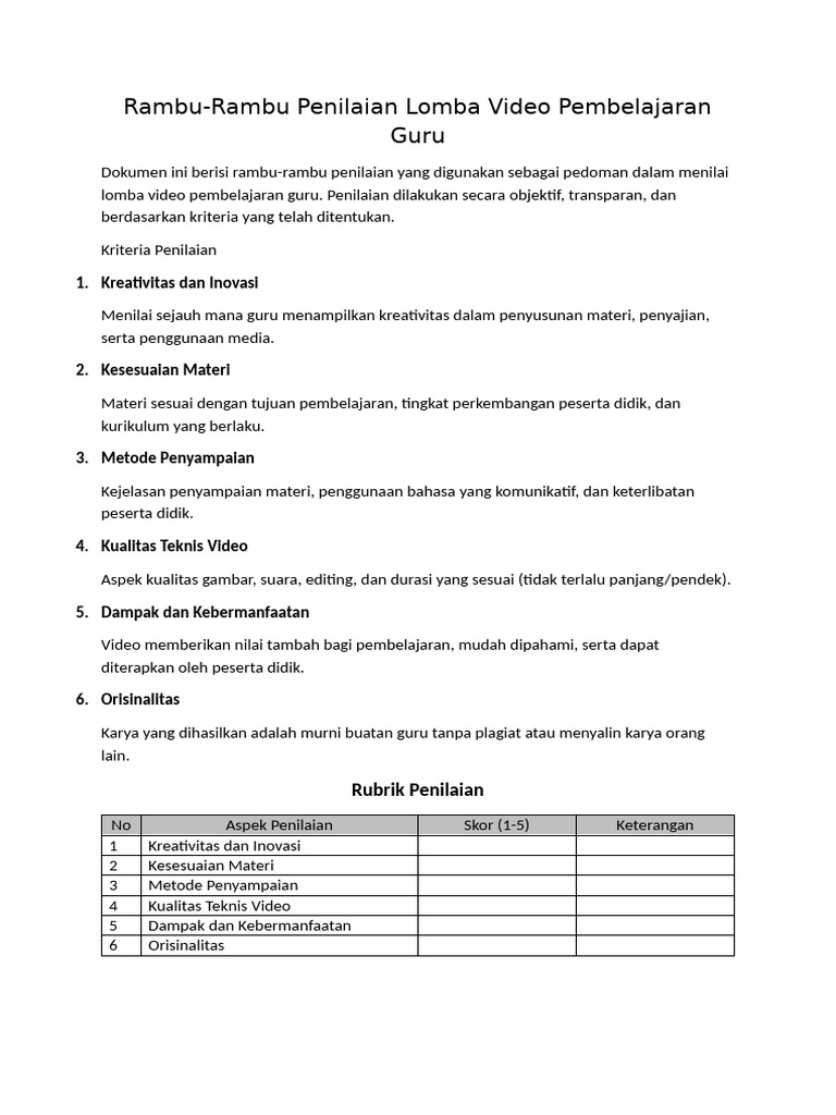 Rambu Penilaian Lomba Video Pembelajaran | PDF