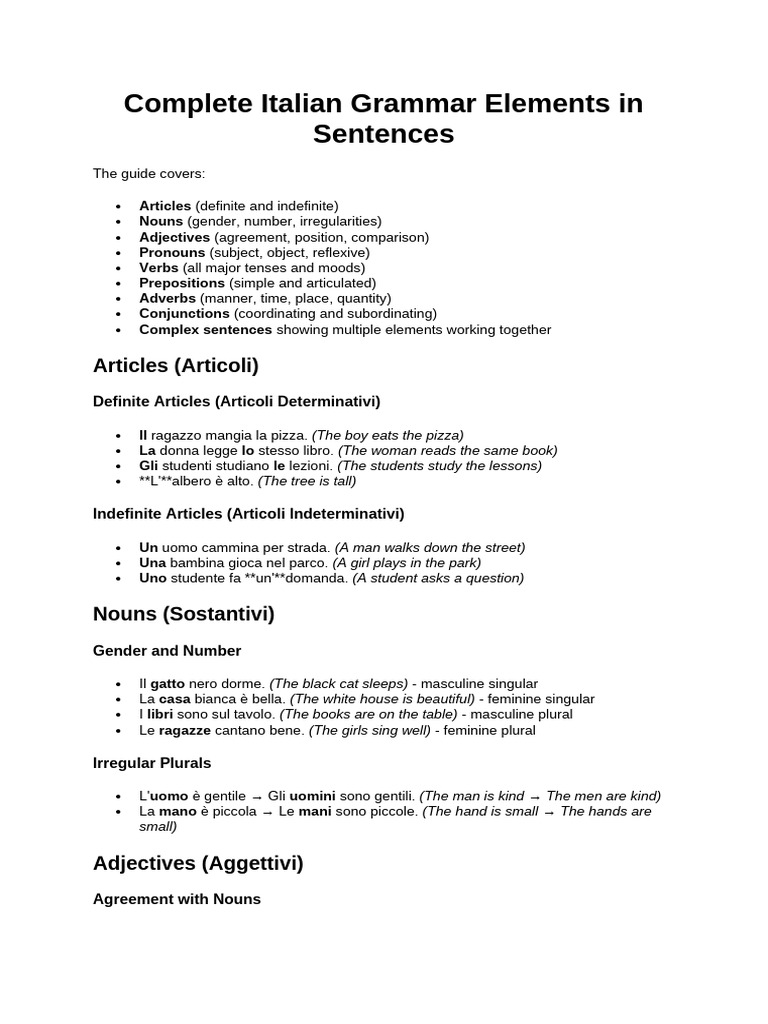 Complete Italian Grammar Elements in Sentences | PDF