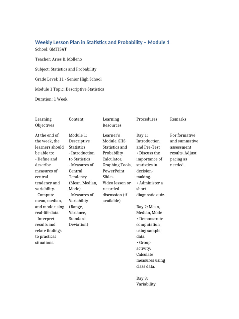 Weekly Lesson Plan Statistics Probability Module1 GMTISAT | PDF ...