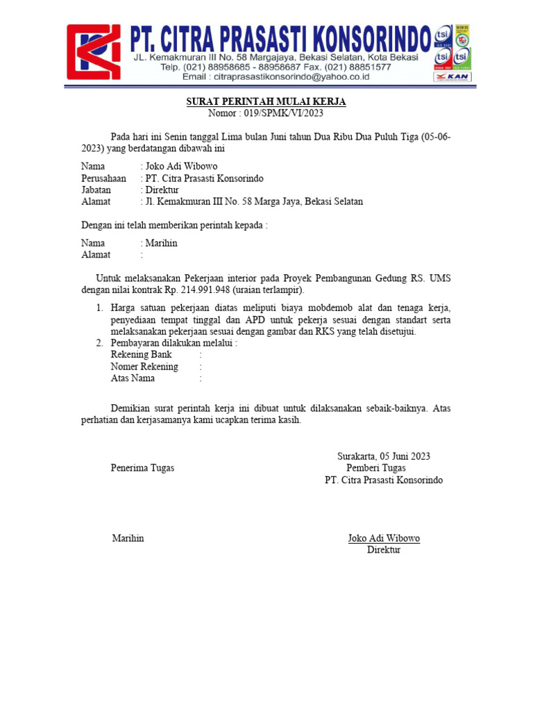 Surat Perintah Kerja Interior RS UMS | PDF