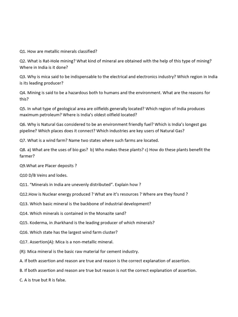 Worksheet Based On Minerals and Power Resources | PDF