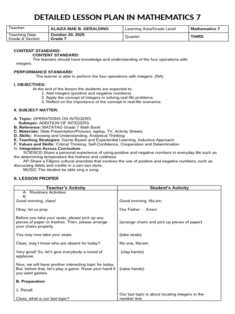 Math 7 Lesson Plan: Adding Integers | PDF | Numbers | Learning
