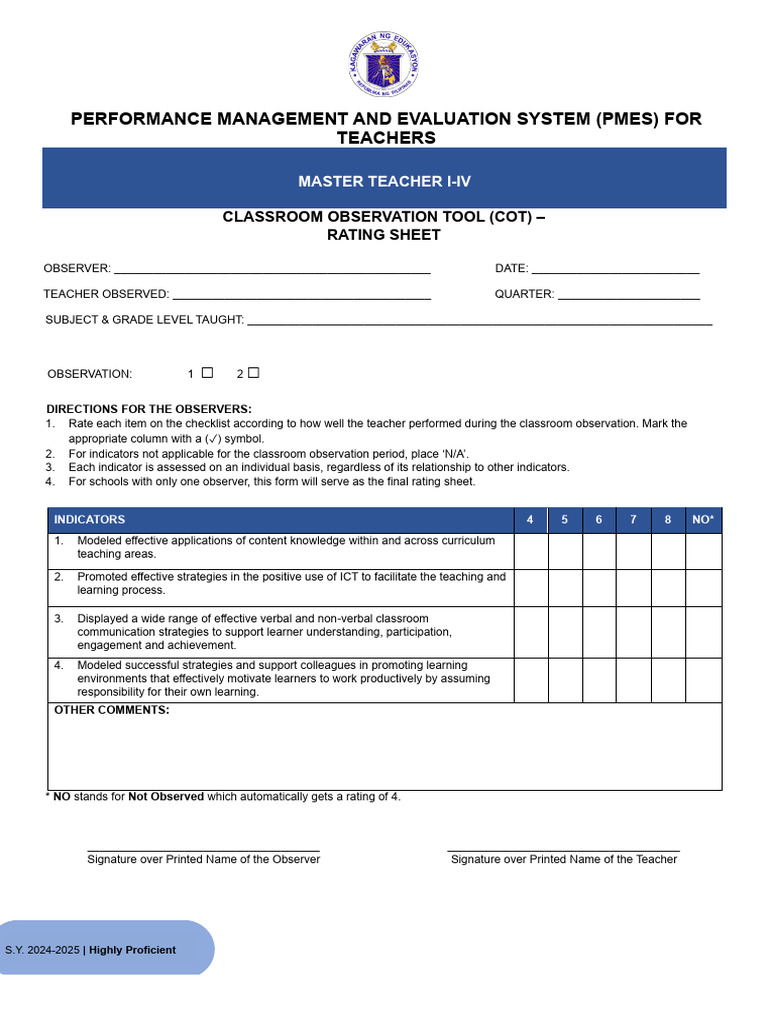 COT Rating Sheet For Highly Proficient Teacher For SY 2024 2025 115928 ...