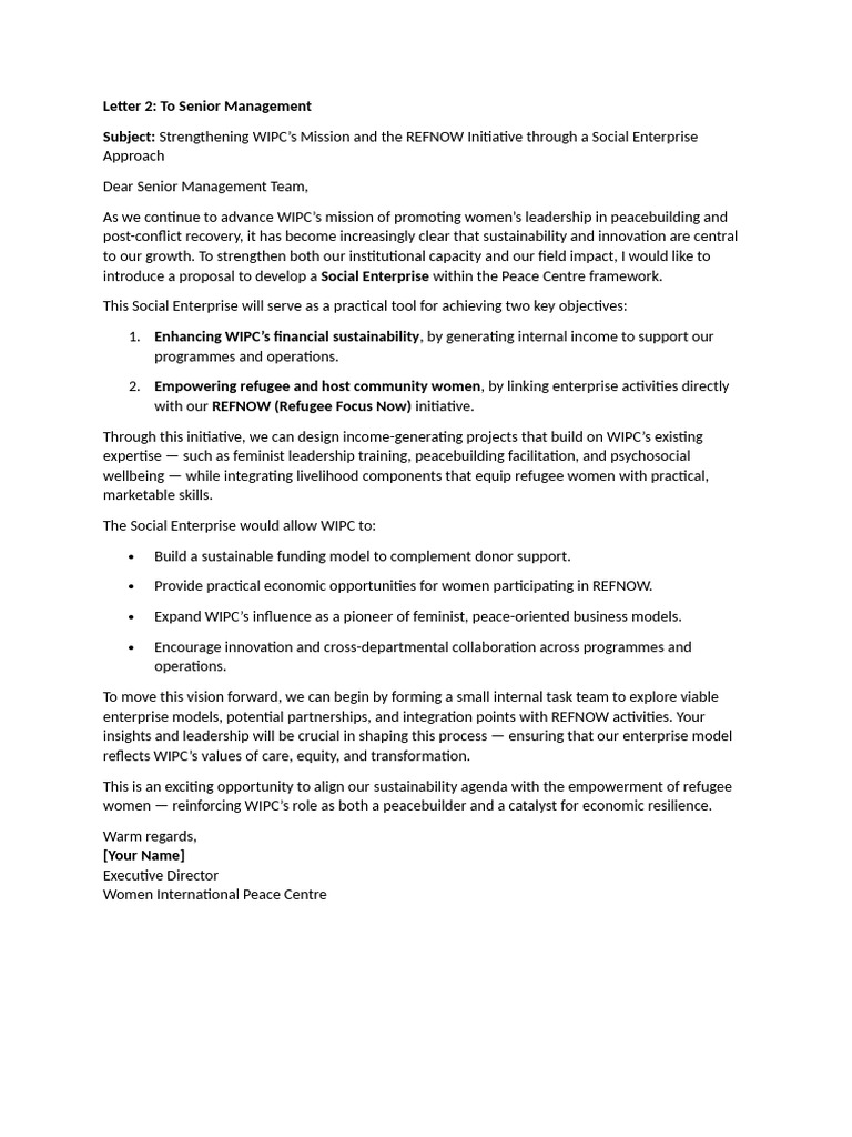 Letter To Senior Management - Establishment of Social Enterpise | PDF