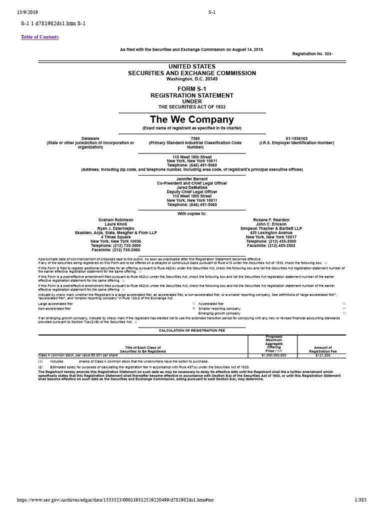 The We Company S-1 Registration Statement | PDF | Stocks | Securities ...