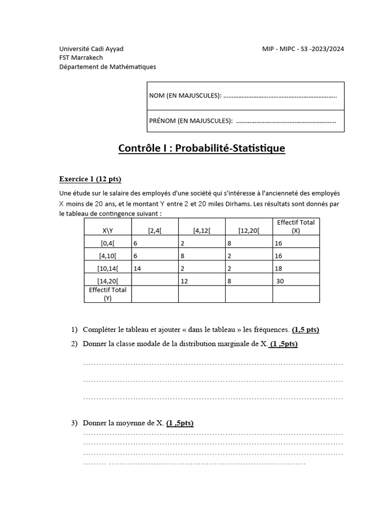 Contrôle de Probabilité-Statistique 2023 | PDF | Descriptive Statistics ...