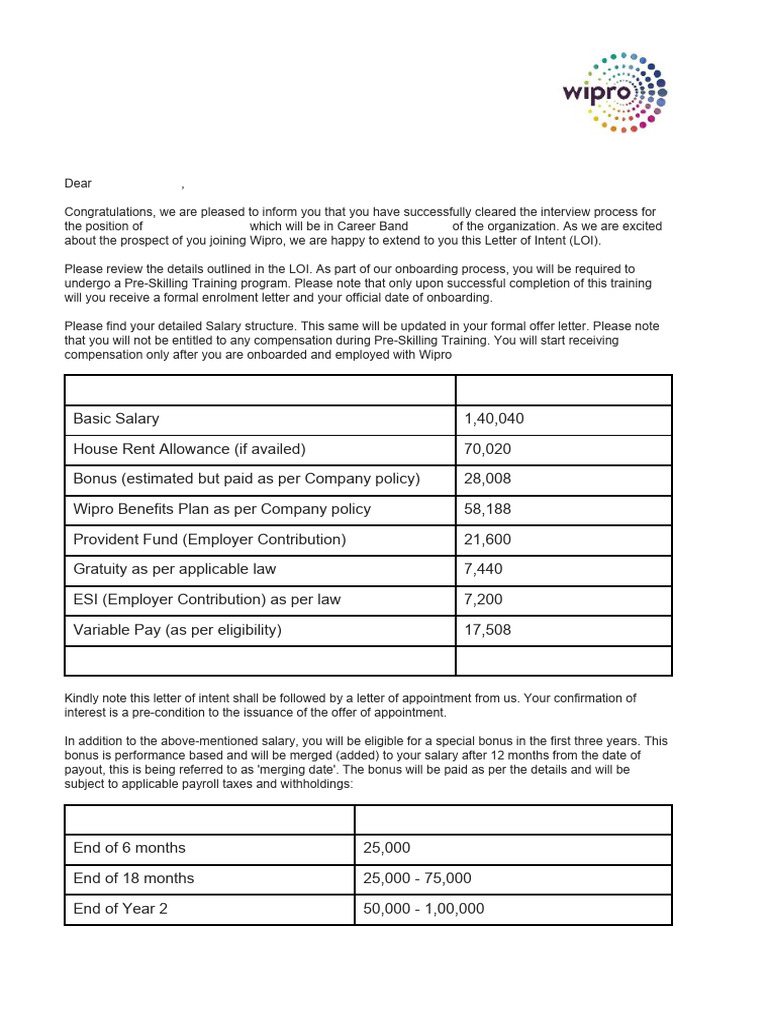 Wipro Loi | PDF | Salary | Payroll Tax