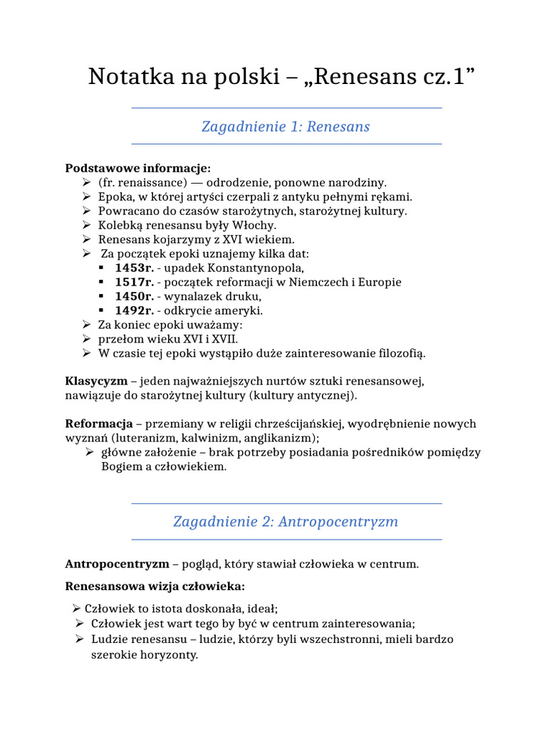 Notatka Na Polski - Renesans Cz.1 | PDF