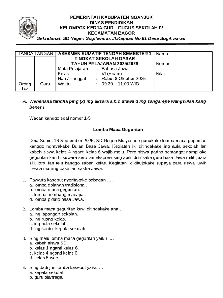 Soal Asts Bahasa Jawa Kelas 6 Gugus | PDF
