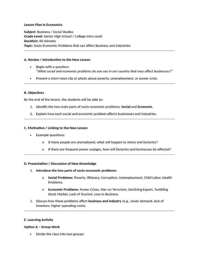 Lesson Plan in Economics 12 | PDF | Economics | Unemployment