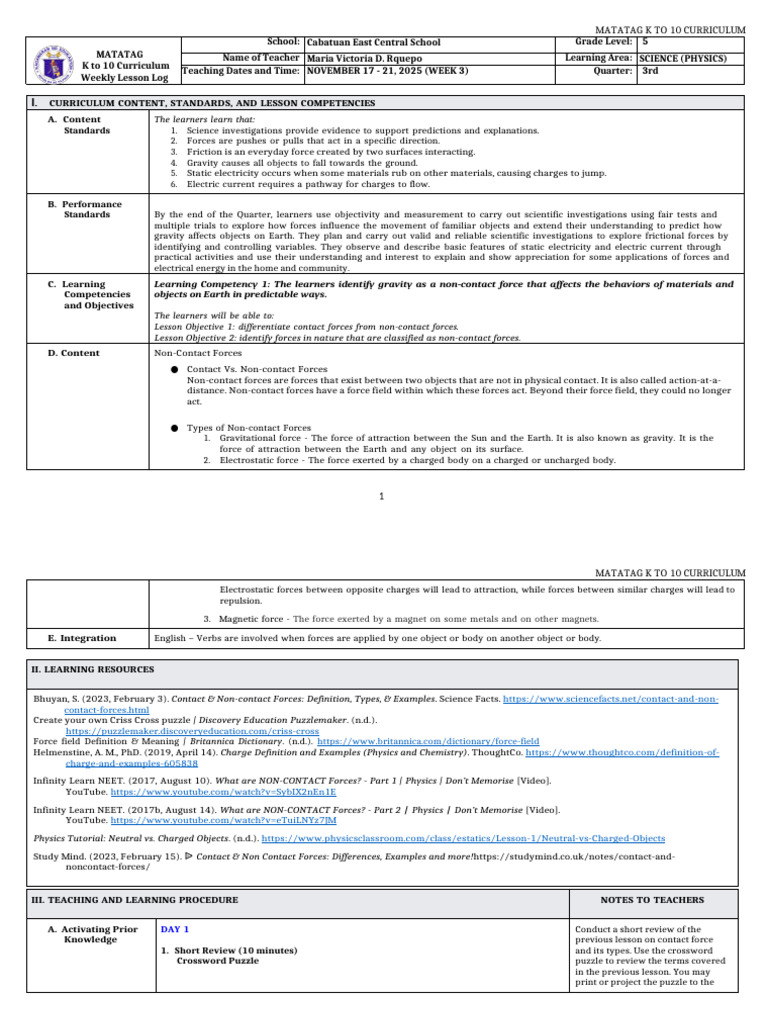 K-10 Science Lesson on Non-Contact Forces | PDF | Force | Learning