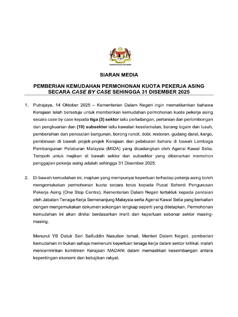 Siaran Media Pemberian Kemudahan Kuota Pekerja Asing | PDF