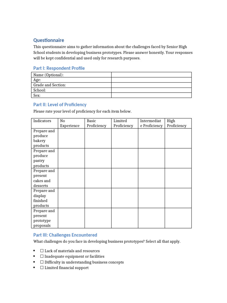 Questionnaire Business Prototype Study | PDF
