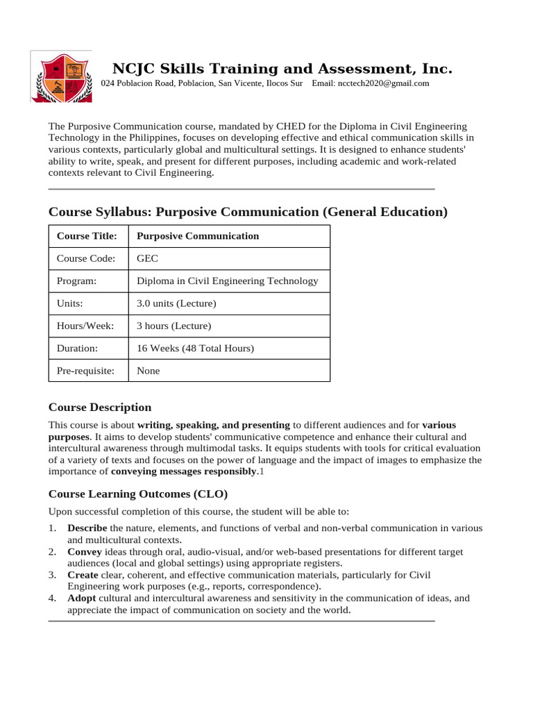 Purposive Communication Course Syllabus | PDF | Communication | Public ...