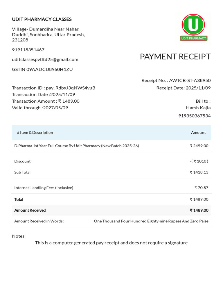 Udit Pharmacy Classes Payment Receipt | PDF