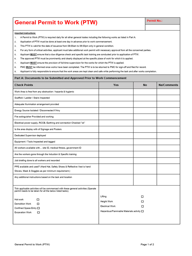 Permit To General Work 1 | PDF | Personal Protective Equipment | Labor ...