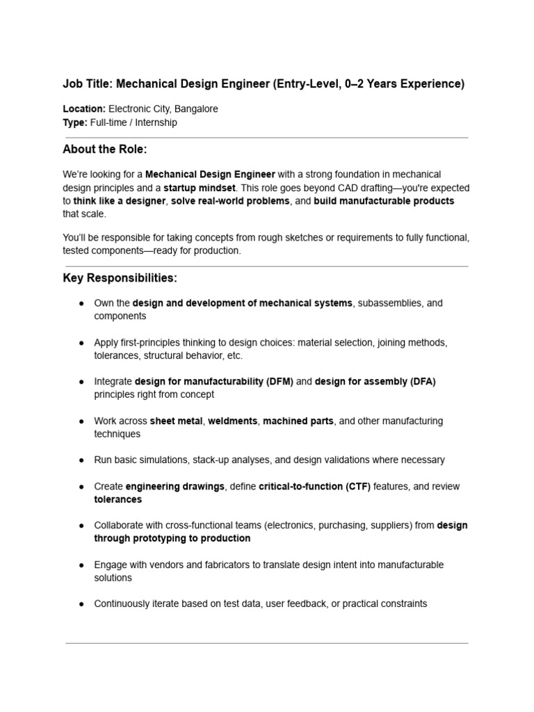Mechanical Design Engineer (Entry-Level, 0-2 Years Experience) | PDF ...
