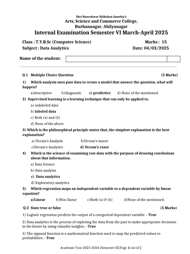 Data Analytics Internal Question Paper | PDF | Data Analysis | Analytics
