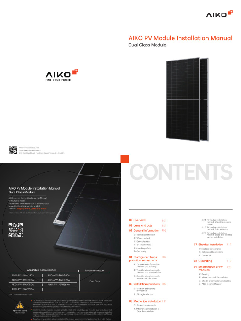AIKO Dual Glass PV Module Manual | PDF | Photovoltaics | Solar Panel
