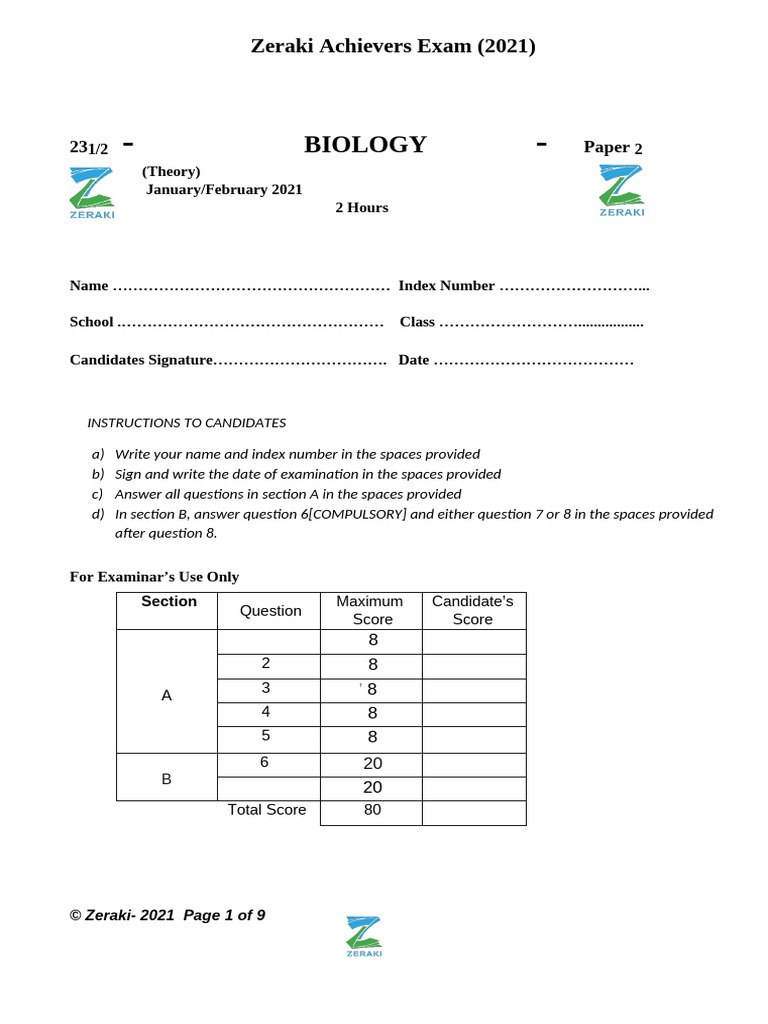 Biology Form 3 Paper 2 - Zeraki Achievers 1.0 | PDF | Biology ...