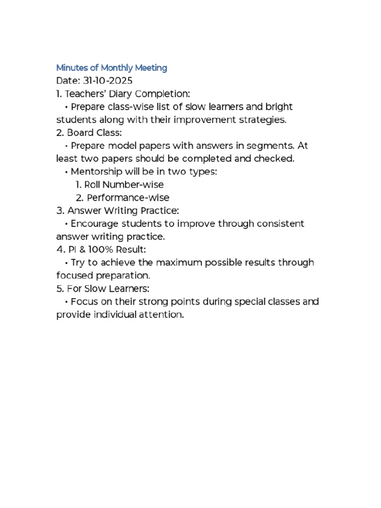 Monthly Meeting Minutes 31-10-2025 | PDF