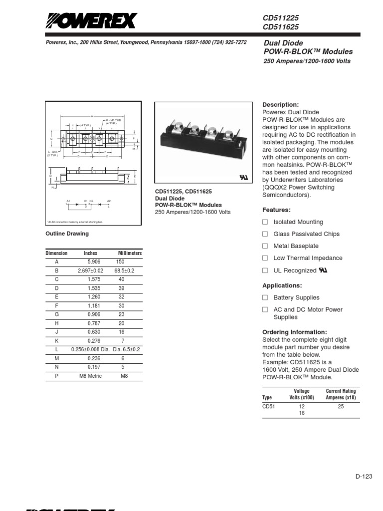 Datasheet Diodo 250 Amperes Powerex | Diode | Volt