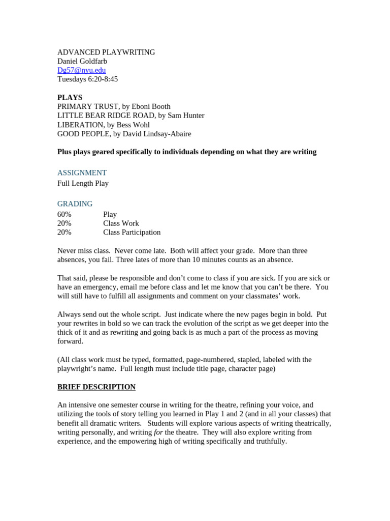 Advanced Playwriting Course Overview | PDF | Title Ix