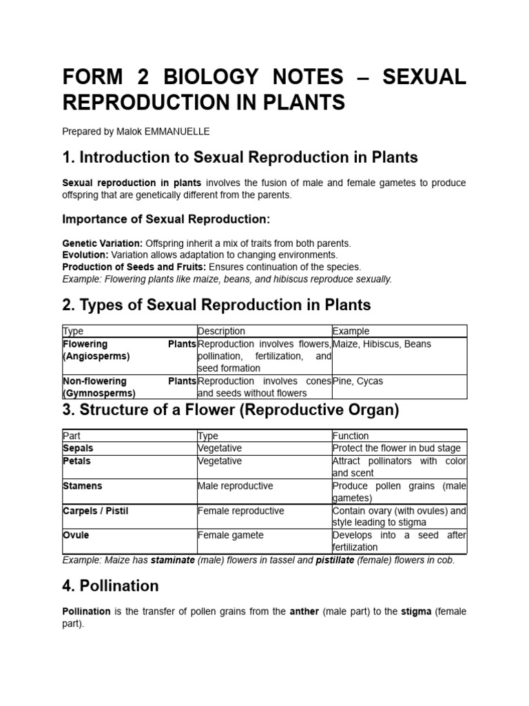 ? Form 2 Biology Notes - Sexual Reproduction in P... - 074507 | PDF ...