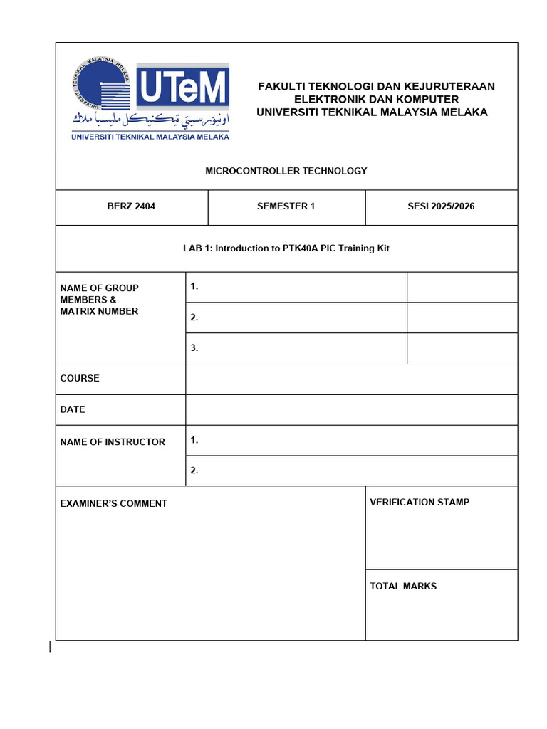 Labsheet 1 BERZ 2404 Introduction To PTK40A PIC Training Kit | PDF ...