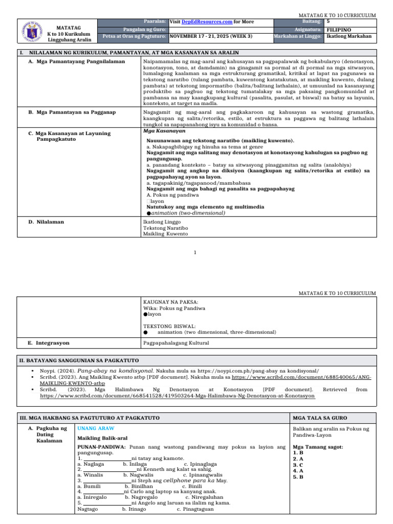 DLL Matatag - Filipino 5 Q3 W3 | PDF