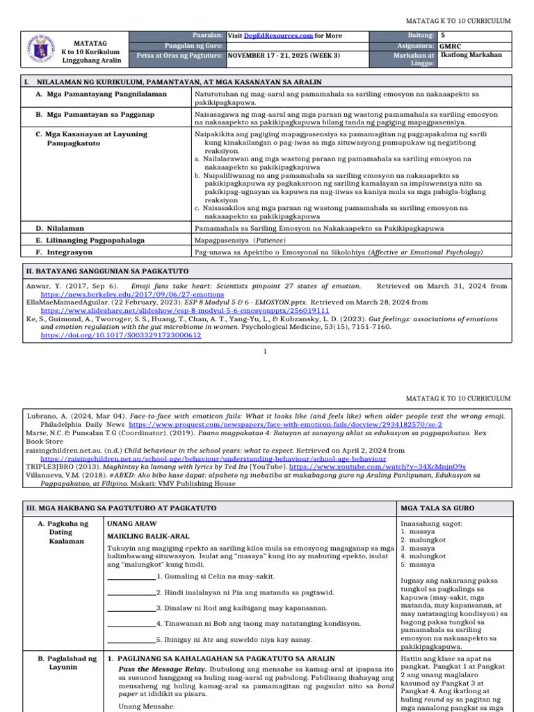 DLL Matatag - GMRC 5 Q3 W3 | PDF