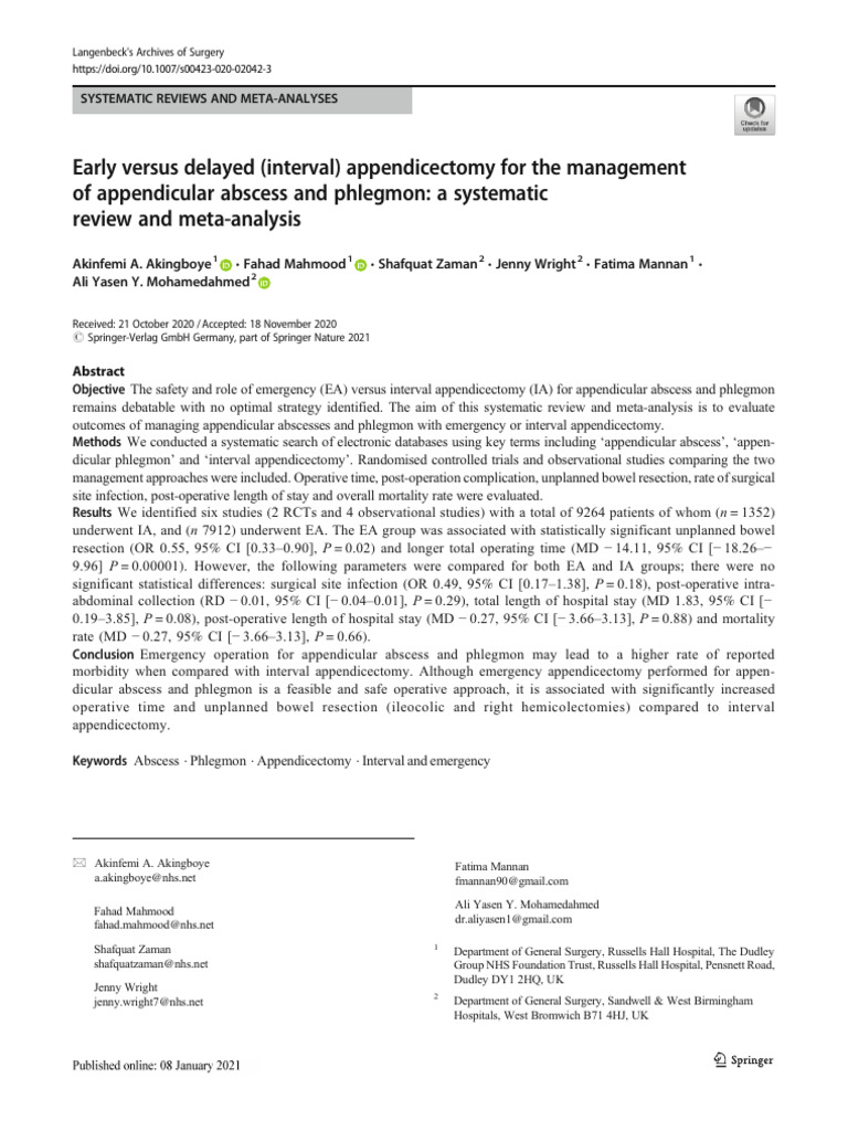 Early Versus Delayed (Interval) Appendicectomy For The Management of ...