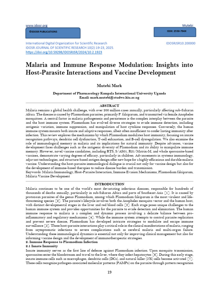 Malaria and Immune Response Modulation: Insights Into Host-Parasite ...