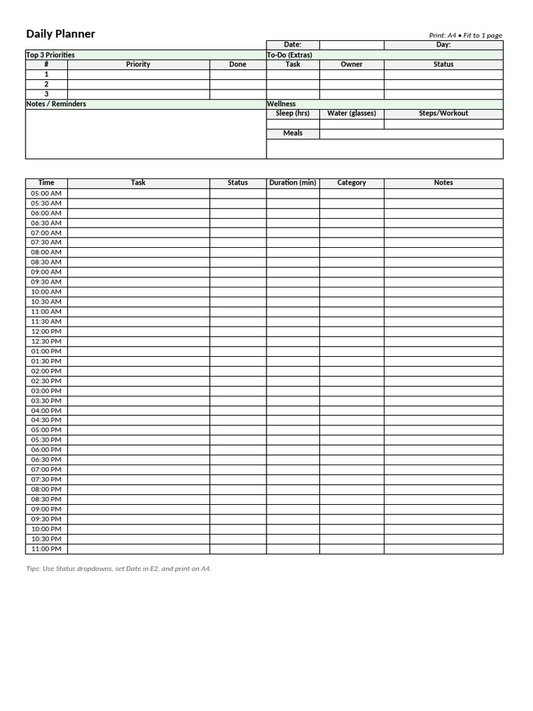 Daily Planner Template for Productivity | PDF