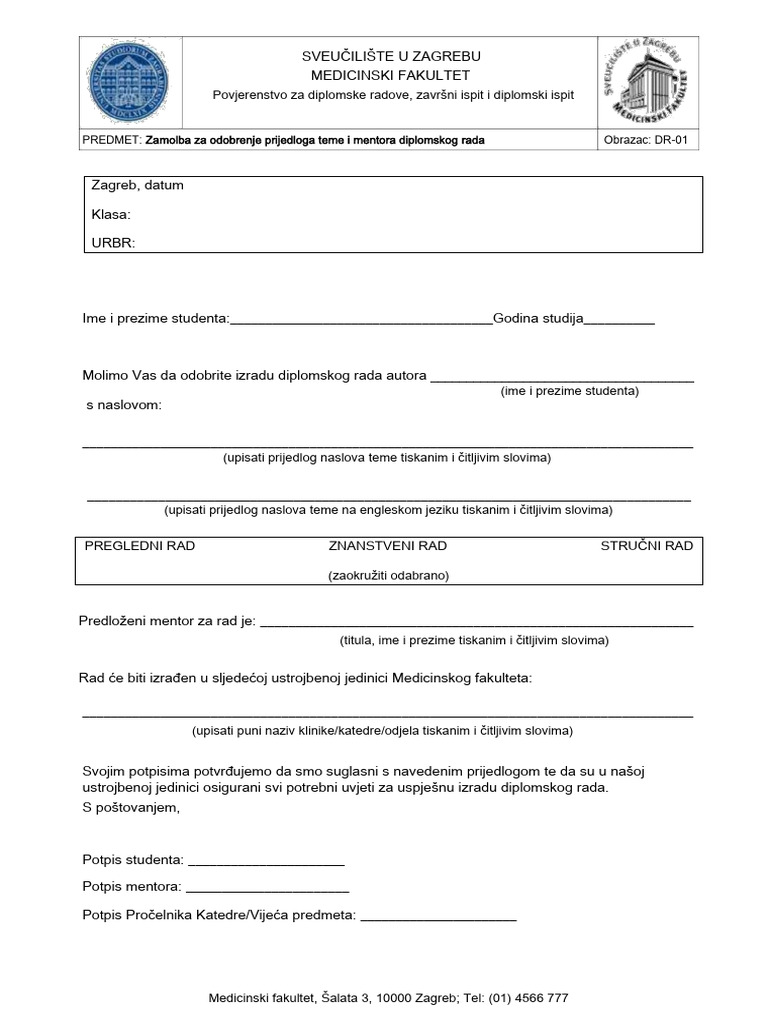 Zamolba Za Odobrenje Prijedloga Teme Dipl. Radova | PDF