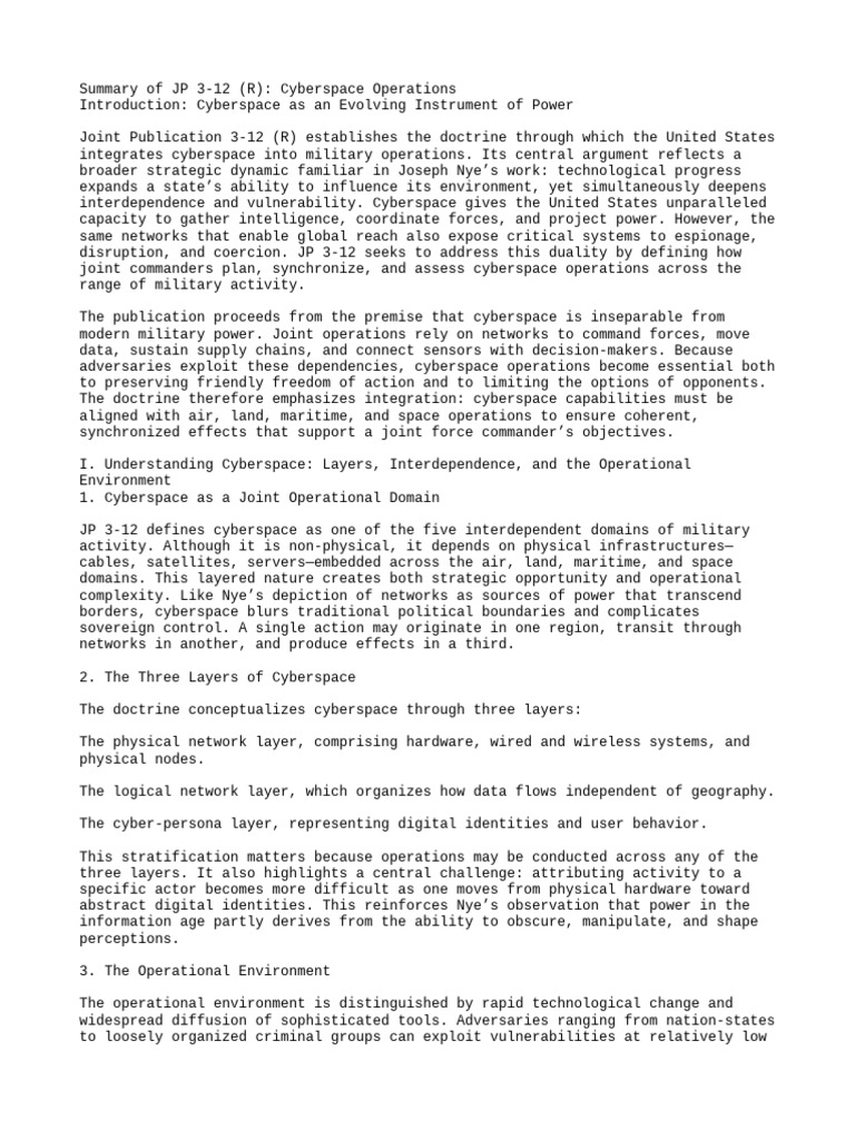 Summary of JP 3-12 (R) - Cyberspace Operations | PDF | Computer ...