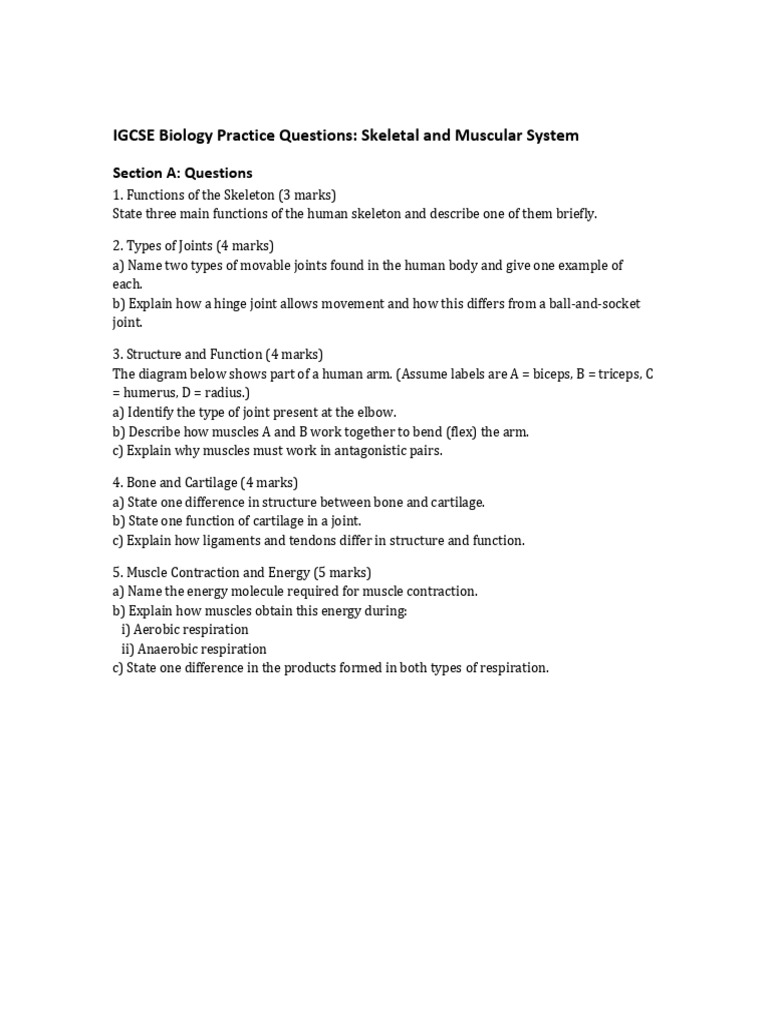 IGCSE_Biology_Skeletal_Muscular_System - Test 1 Question Paper | PDF