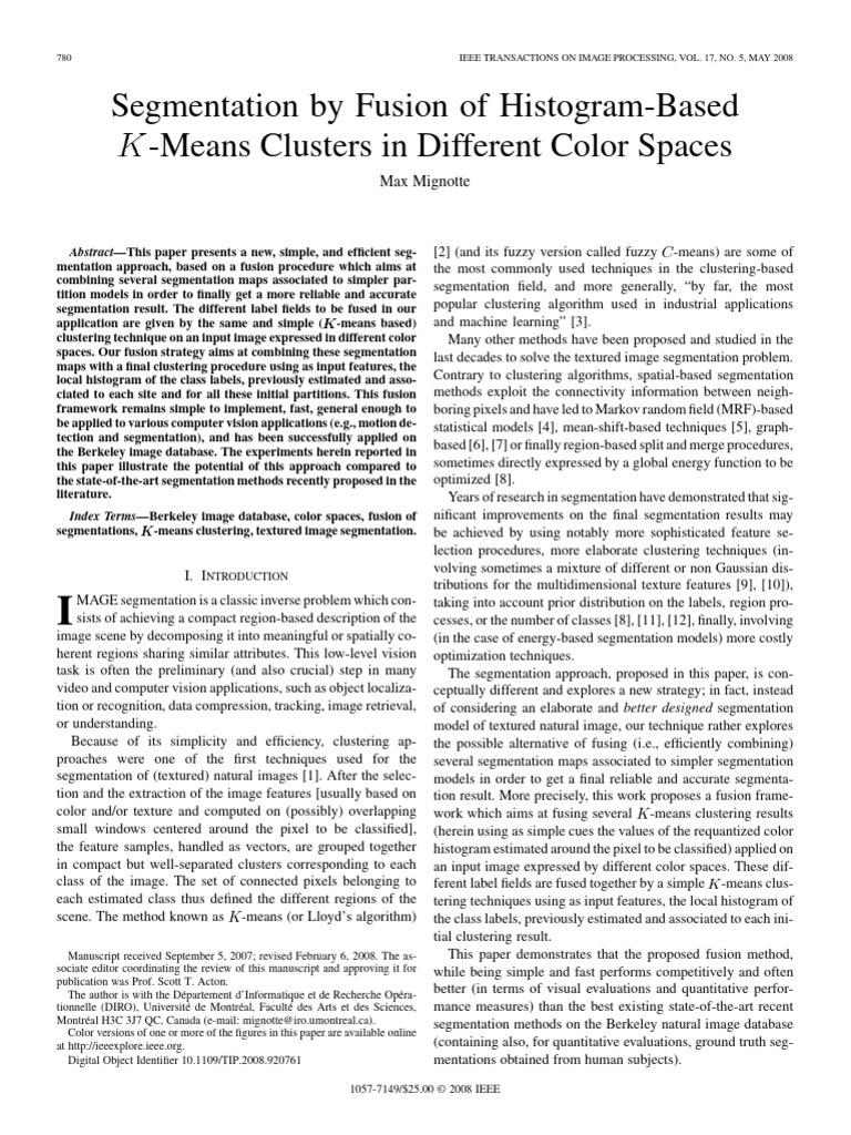 Segmentation by Fusion of Histogram-Based K-Means Clusters in Different Color Spaces | PDF ...