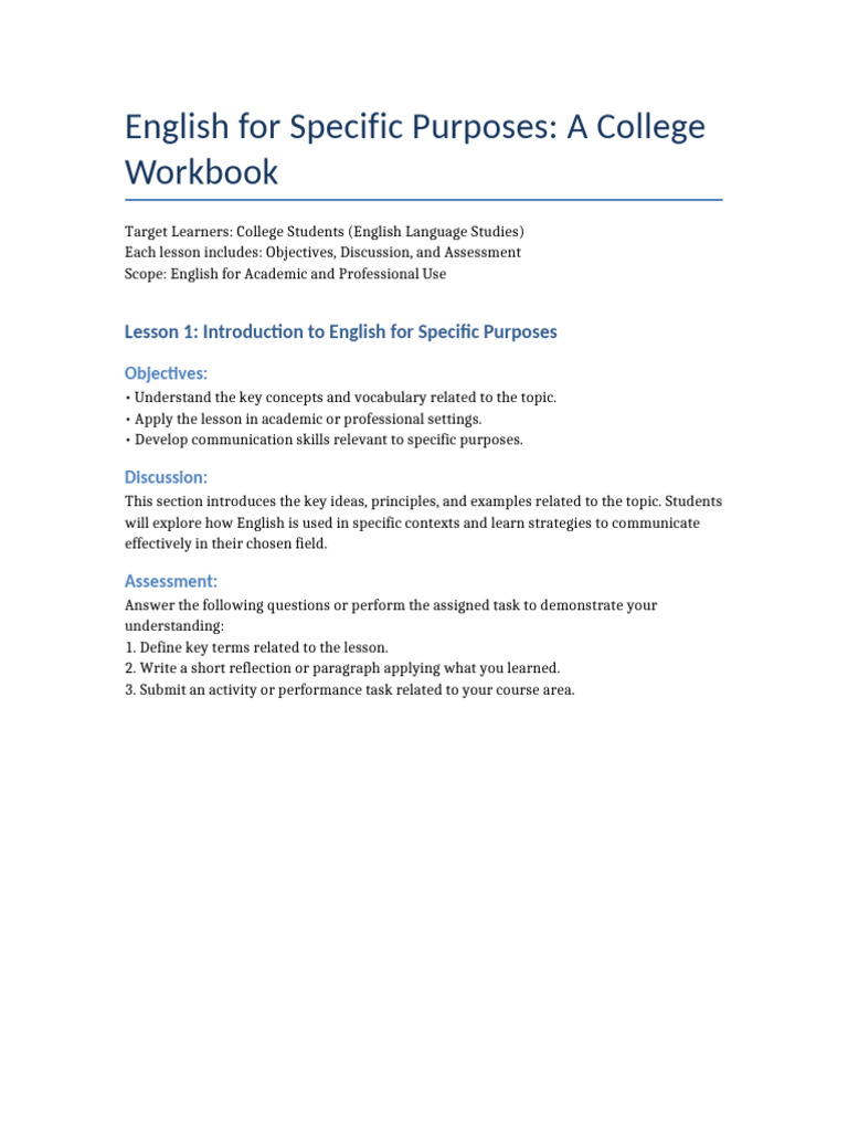 English For Specific Purposes College Workbook | PDF | Communication ...