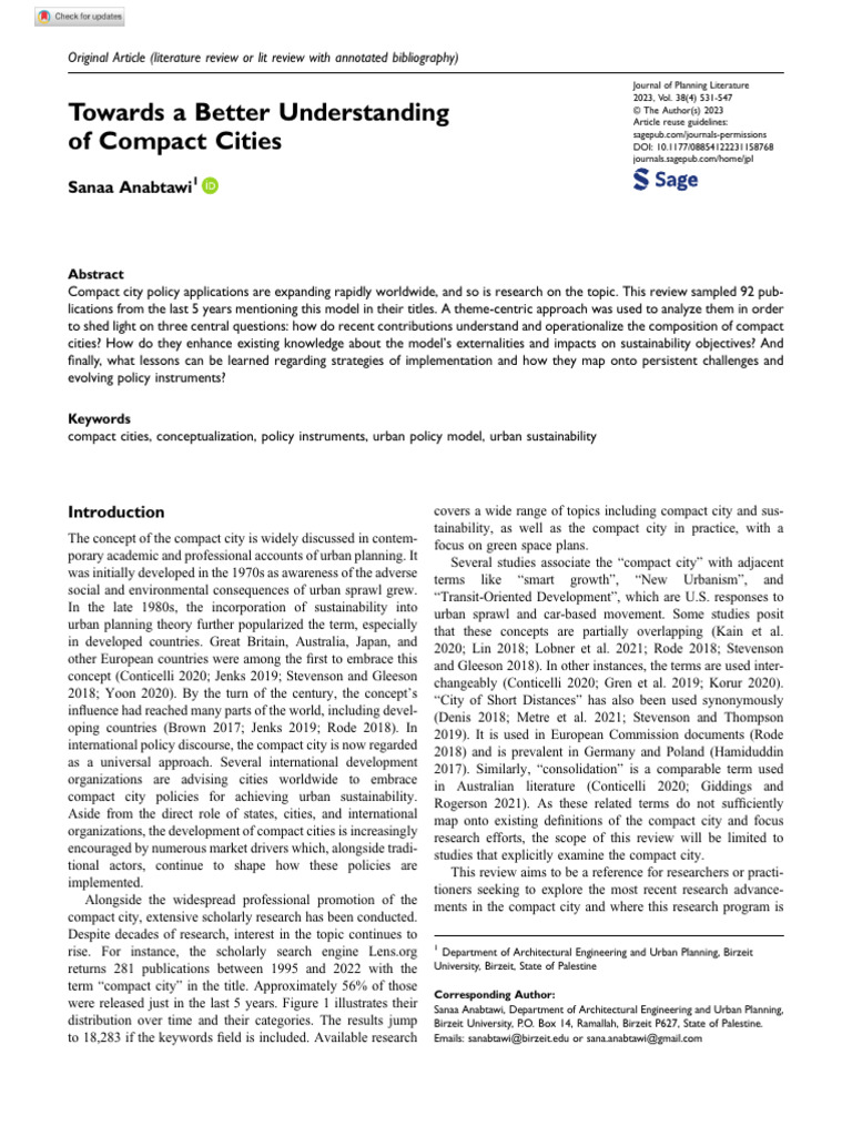 Anabtawi 2023 Towards A Better Understanding of Compact Cities | PDF ...