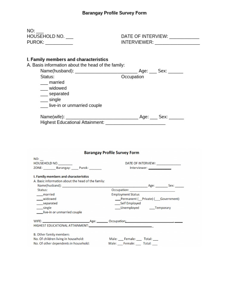 Barangay Family Profile Survey Form | PDF