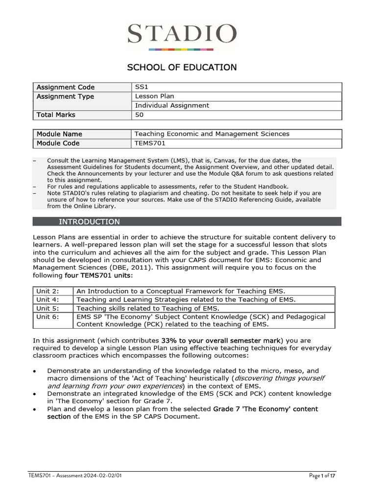 STADIO Assignment Instructions - TEMS701-SS1 2024 | PDF | Lesson Plan ...