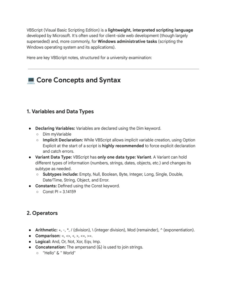 VB Script Notes For University Examination | PDF | Control Flow | Data Type